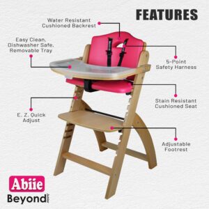 Abiie Beyond Junior Wooden High Chair with Tray. The Perfect Adjustable Baby Highchair Solution for Your Babies and Toddlers or as a Dining Chair. 6 Months up to 250 Lb. Natural Wood/Pink Cushion