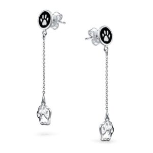 BFF Pet Animal Lover Linear Black Enamel Dog Cat Kitten Puppy Paw Print Dangle Earrings For Women .925 Sterling Silver