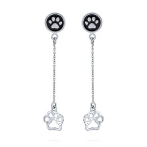 BFF Pet Animal Lover Linear Black Enamel Dog Cat Kitten Puppy Paw Print Dangle Earrings For Women .925 Sterling Silver