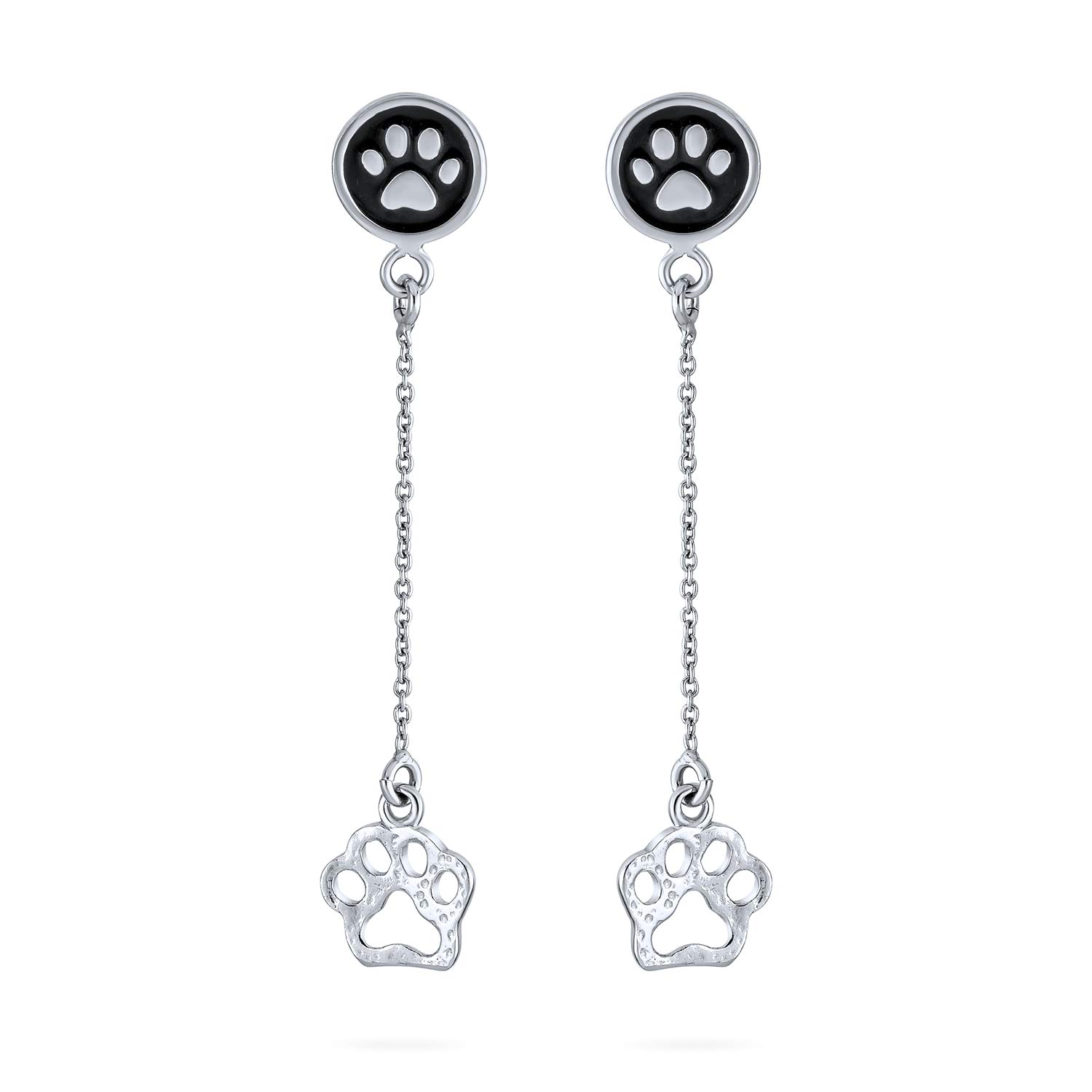 BFF Pet Animal Lover Linear Black Enamel Dog Cat Kitten Puppy Paw Print Dangle Earrings For Women .925 Sterling Silver