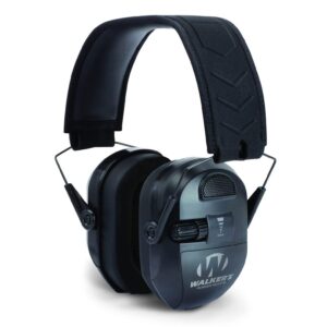 walker's ultimate power muff - noise reducing 26db nrr hunting gun range shooting ear protection black electronic earmuffs with aft, 2 aaa batteries included