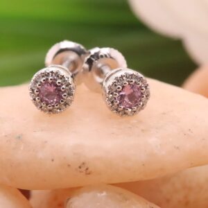 Dazzlingrock Collection 2.5mm Round Pink Sapphire & White Diamond Halo Stud Earrings for Women in 10K White Gold in Screw Back