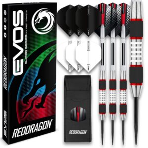 red dragon evos tungsten steeltip darts set - 28g with flights, stems and wallet