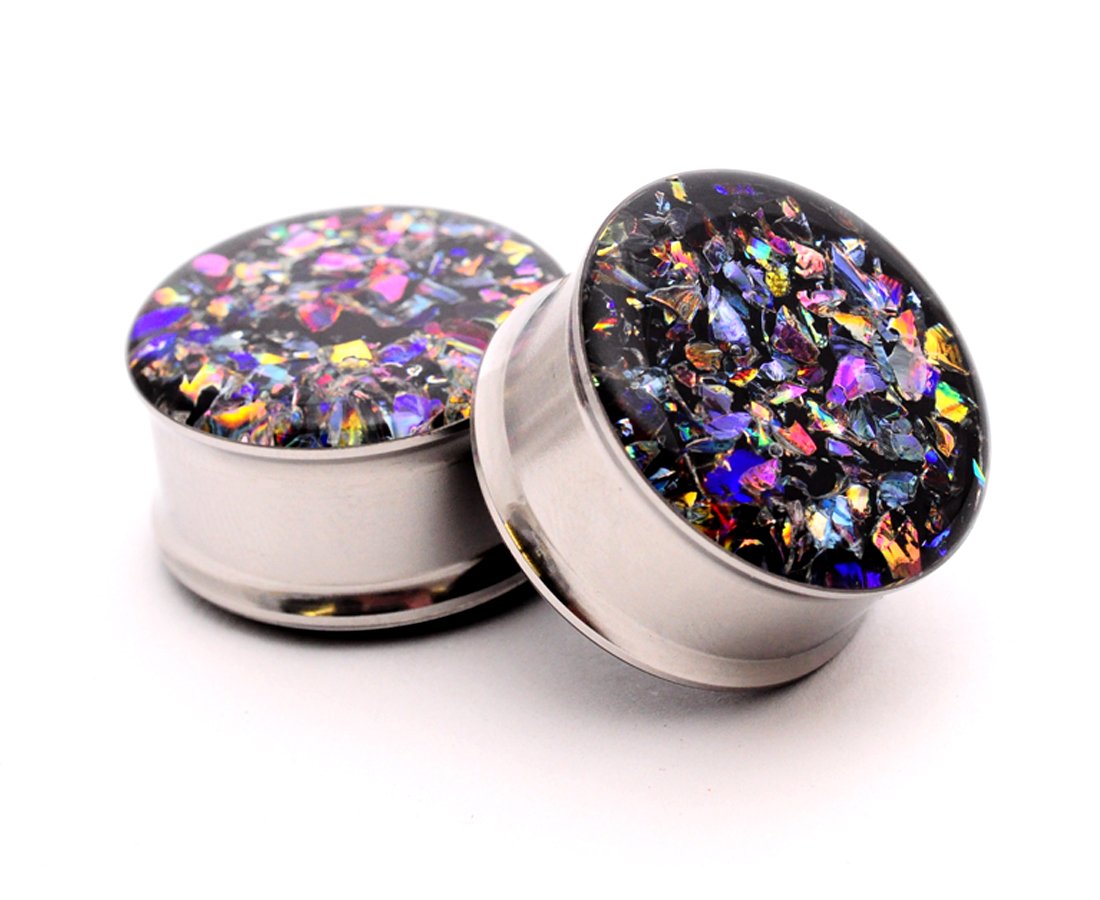 Mystic Metals Body Jewelry Embedded Dichroic Glass Plugs - 1" - 25mm - Sold As a Pair