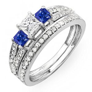 Dazzlingrock Collection 10K Blue Sapphire & White Diamond Women 3 Stone Wedding Ring Set, White Gold, Size 4.5