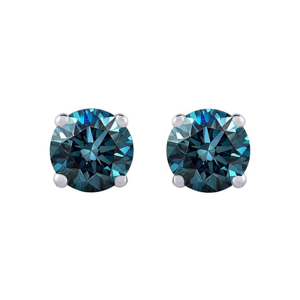 KATARINA 1/10 cttw Blue - I1 Round Brilliant Cut Diamond Earring Studs in 14K White Gold