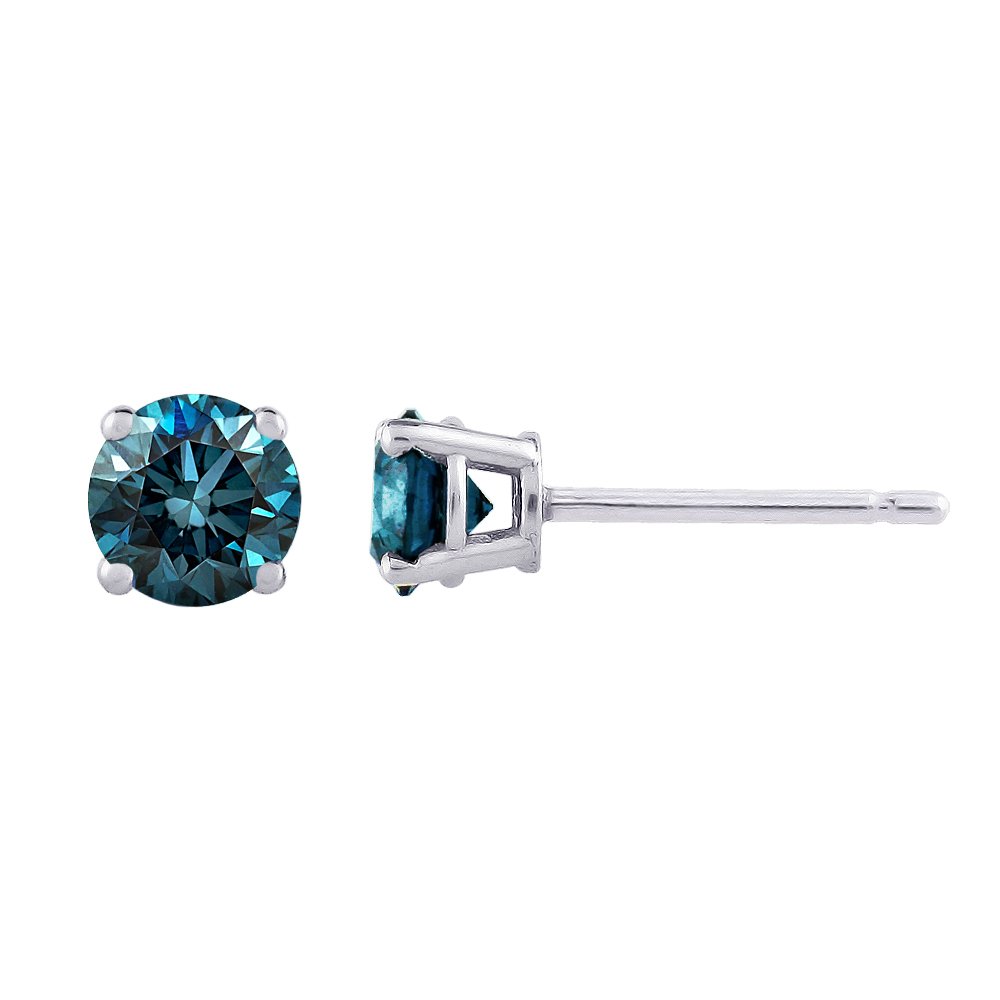 KATARINA 1/10 cttw Blue - I1 Round Brilliant Cut Diamond Earring Studs in 14K White Gold