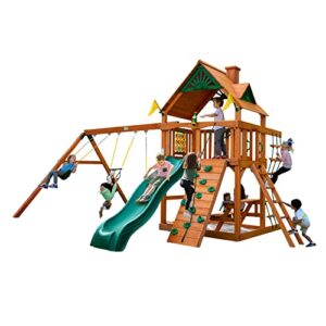 gorilla playsets 01-0003-ap chateau swing set with wood roof, wave slide, and rock wall, amber