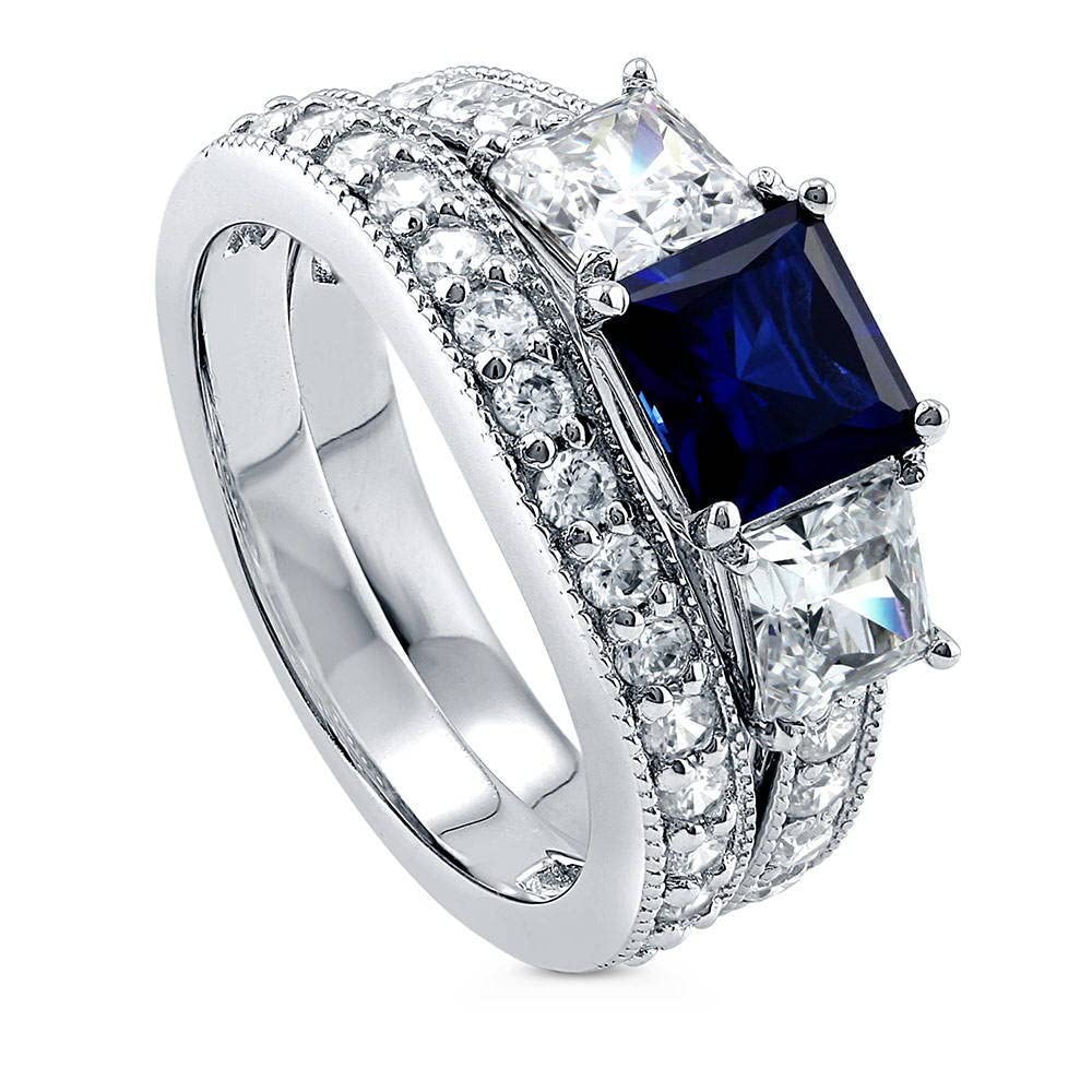 BERRICLE Sterling Silver 3-Stone Wedding Engagement Rings Simulated Blue Sapphire Princess Cut Cubic Zirconia CZ Ring Set for Women, Rhodium Plated Size 7