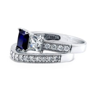 BERRICLE Sterling Silver 3-Stone Wedding Engagement Rings Simulated Blue Sapphire Princess Cut Cubic Zirconia CZ Ring Set for Women, Rhodium Plated Size 7