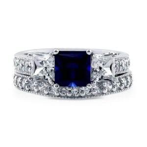 BERRICLE Sterling Silver 3-Stone Wedding Engagement Rings Simulated Blue Sapphire Princess Cut Cubic Zirconia CZ Ring Set for Women, Rhodium Plated Size 7