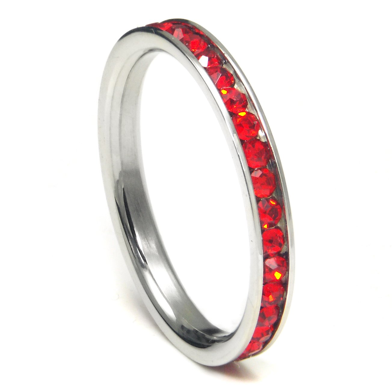 Metal Factory 316L Stainless Steel Red Cubic Zirconia CZ Eternity Wedding 3MM Band Ring Comes Sz 7