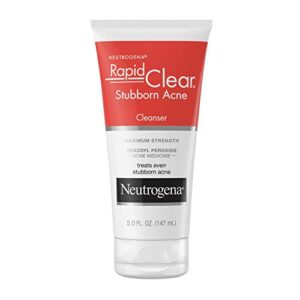 neutrogena rapid clear stubborn acne face wash with 10% benzoyl peroxide acne treatment medicine, daily facial cleanser to reduce size and redness of acne, benzoyl peroxide acne face wash, 5 fl oz