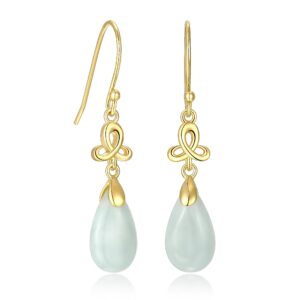 morgan & paige genuine jade teardrop earrings for women - 18k yellow gold plated sterling silver celtic knot dangle earrings - 14x8mm