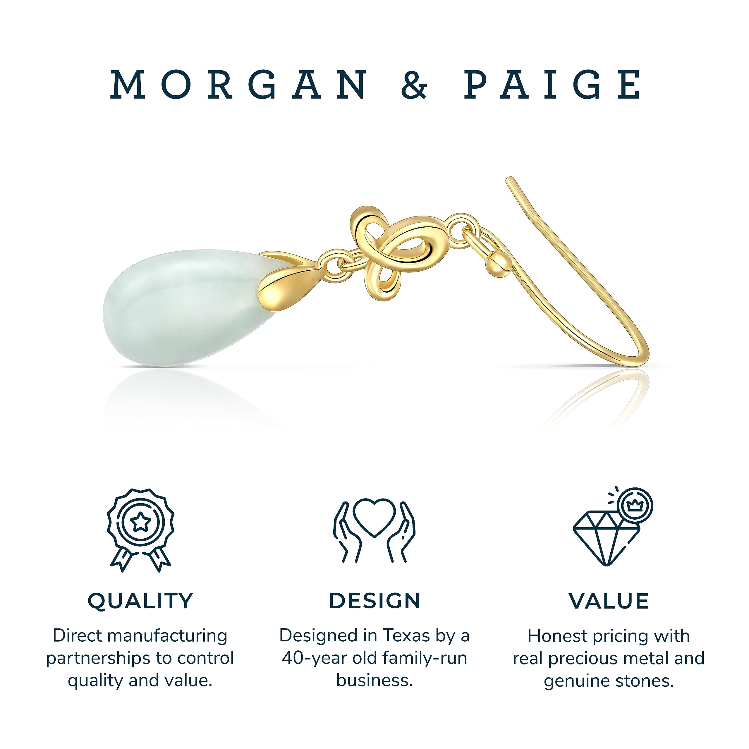 MORGAN & PAIGE Genuine Jade Teardrop Earrings For Women - 18k Yellow Gold Plated Sterling Silver Celtic Knot Dangle Earrings - 14x8mm