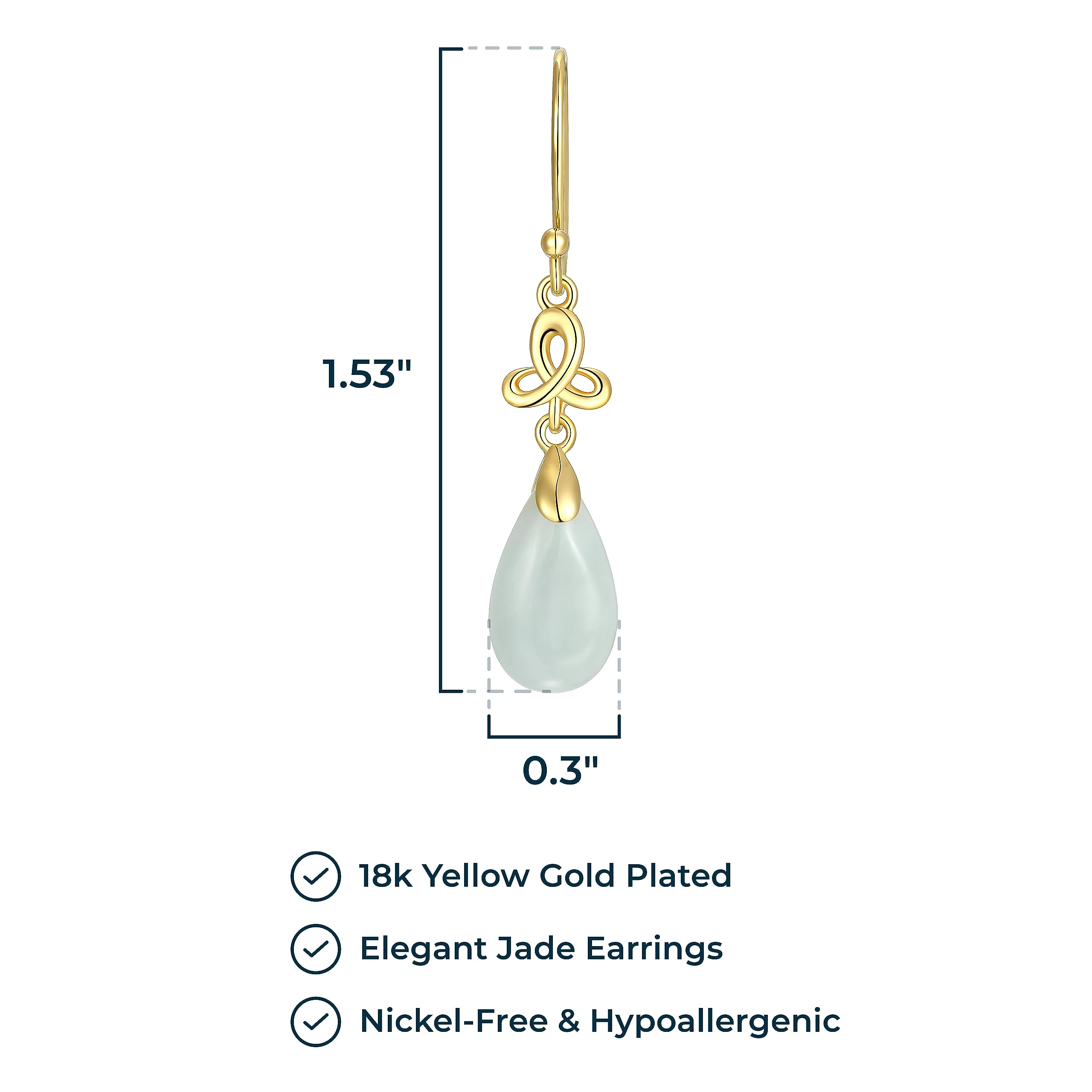 MORGAN & PAIGE Genuine Jade Teardrop Earrings For Women - 18k Yellow Gold Plated Sterling Silver Celtic Knot Dangle Earrings - 14x8mm