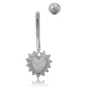 Ritastephens 14k White Gold Heart Created Opal Belly Navel Ring Cubic Zirconia