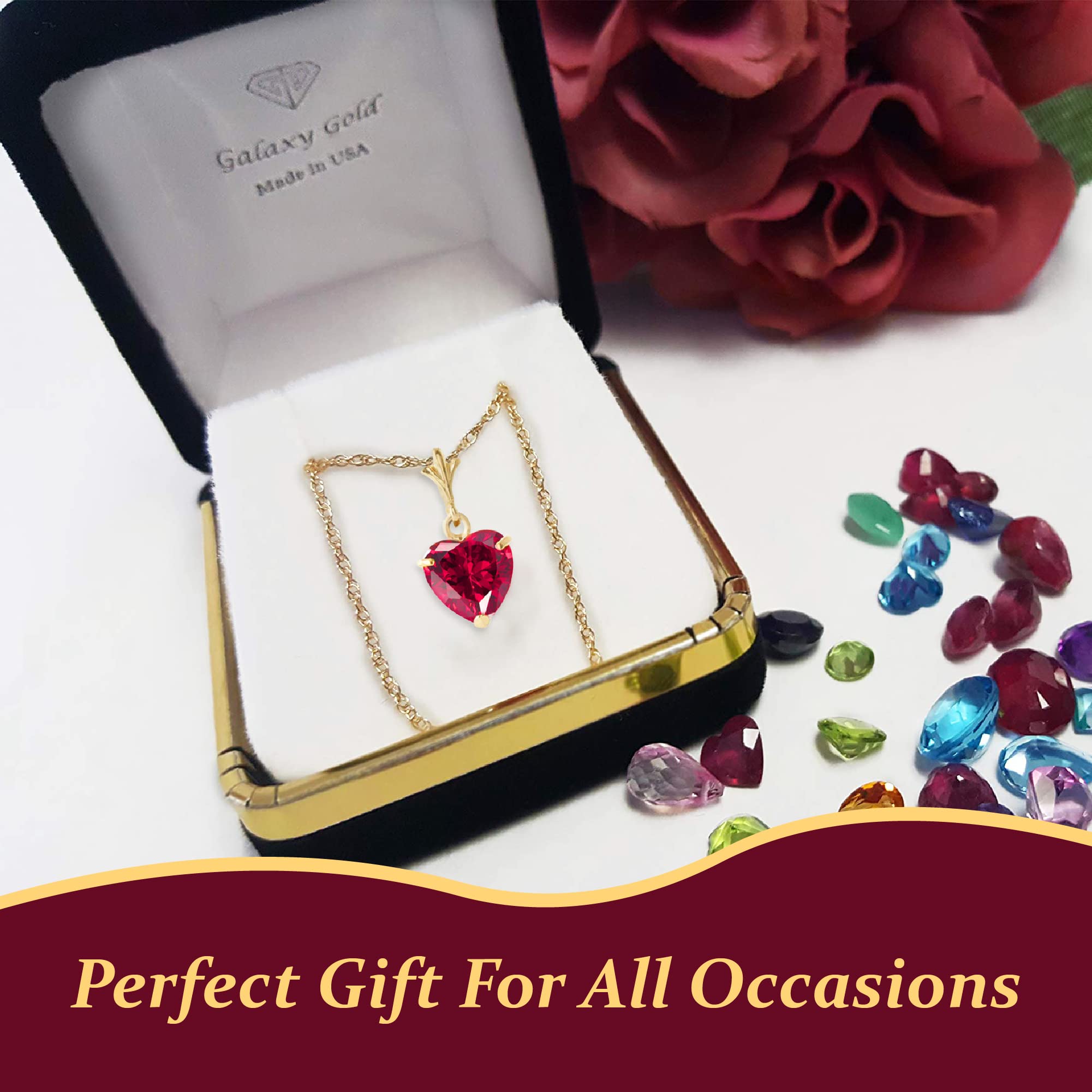 Galaxy Gold GG 14" 14 INCH 14k Solid White Gold Necklace Heart-Shaped Ruby Handcrafted Fine Jewelry Solid Gold Genuine Gemstone. Made in USA Available in Yellow, Rose gold