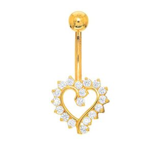 14k solid gold yellow belly open heart cz navel ring body jewelry, 1.7gr.