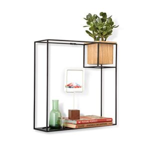 umbra cubist floating shelf with built-in succulent planter – modern wall décor and geometric display shelf for books, candles, mementos, photos, indoor plants and more! | large, black