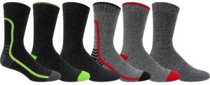 grey wolf men’s heavyweight thermal comfort hiker crew length sock size 10-13 assortment #1 six pack