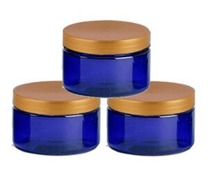 grand parfums 6 cobalt blue low profile 4 oz jars pet plastic empty cosmetic containers, copper caps, sugar scrub, powder, body cream, lotion, beads