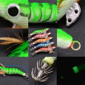 Glow Squid Jigs Saltwater Fishing Lures 10pcs Shrimp Prawn Lures Luminous for Cuttlefish Octopus Fishing Lures Kit