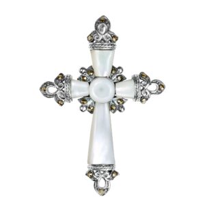 aeravida vintage cross white mother of pearl & marcasite style pyrite .925 sterling silver pendant