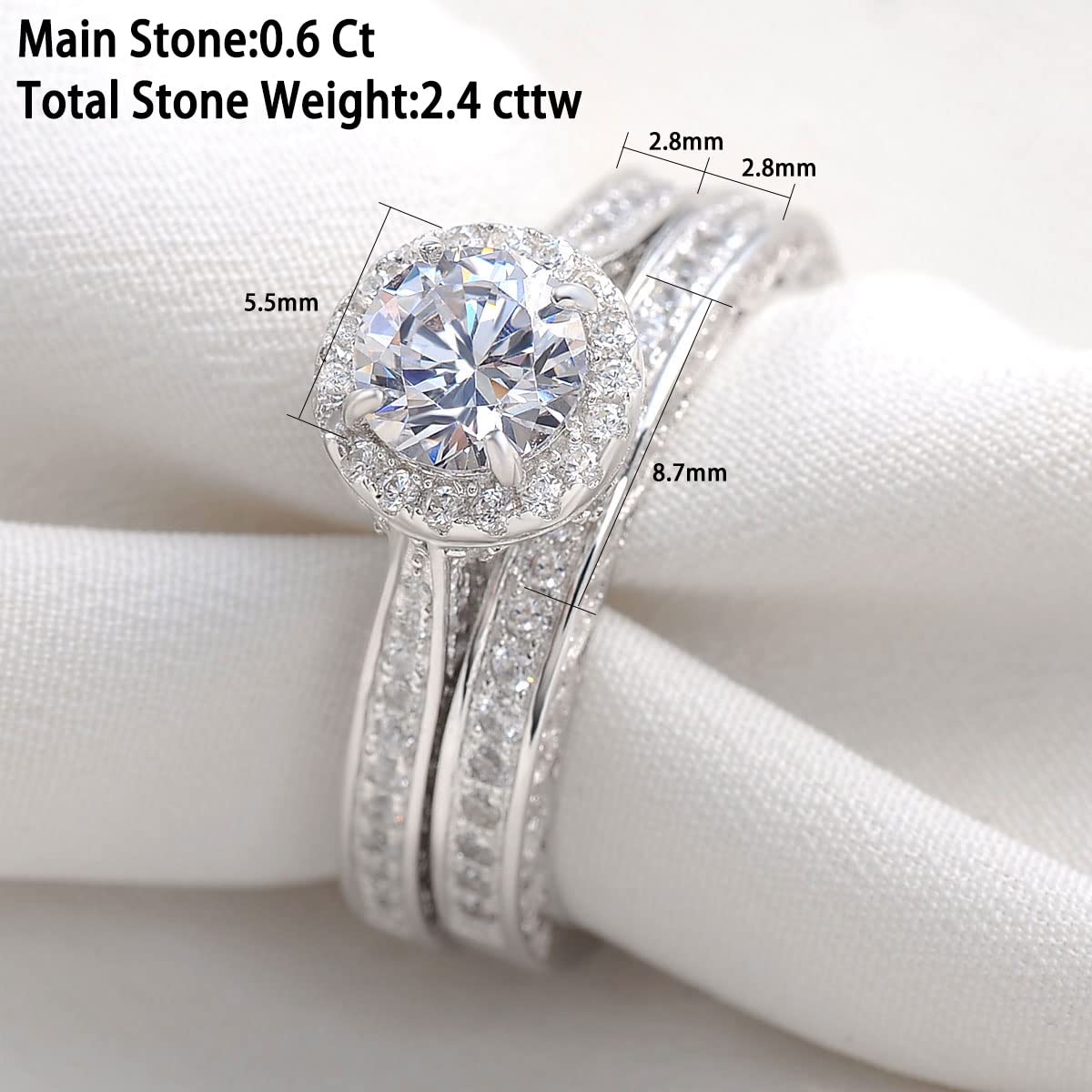 Newshe Wedding Rings for Women Engagement Ring Set 925 Sterling Silver 2.4Ct Round White AAAAA Cz Size 8