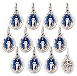 catholica shop our lady of grace mini miraculous medal pendant - silver tone with blue enamel - made in italy. pack of 12 units.