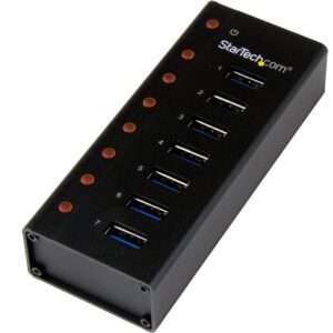 startech.com 7 port usb 3.0 hub (5 gbps) - metal enclosure - desktop or wall mountable - rugged & industrial powered usb expander and splitter hub (st7300u3m)