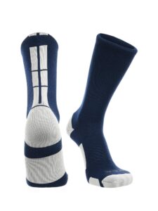 tck sports elite performance crew socks, navy/white, large