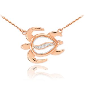 sideways crosses fine 14k rose gold diamond-accented lucky hawaiian honu turtle necklace, 16"