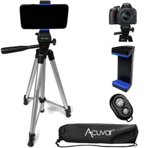 acuvar 50" smartphone/camera tripod fits all smartphones iphone 12 max, 11 pro max, 11 pro, 11, xs, max, xr, x 8, 8+, 7, 7 plus, android note 10 (universal mount + remote)