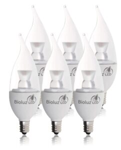 bioluz led 6 pack flame tip candelabra led bulb, dimmable 40 watt chandelier bulbs 40 (uses 4.5w) watt e12 base candle bulbs 2700k (warm white) indoor/outdoor