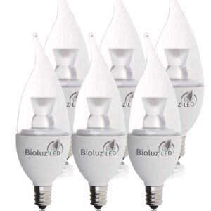 Bioluz LED 6 Pack Flame Tip Candelabra LED Bulb, Dimmable 40 Watt Chandelier Bulbs 40 (uses 4.5W) Watt E12 Base Candle Bulbs 2700K (Warm White) Indoor/Outdoor