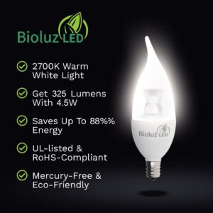 Bioluz LED 6 Pack Flame Tip Candelabra LED Bulb, Dimmable 40 Watt Chandelier Bulbs 40 (uses 4.5W) Watt E12 Base Candle Bulbs 2700K (Warm White) Indoor/Outdoor