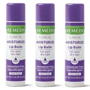 medline remedy clinical lip balm, 3 count, citrus scent, moisturizing, hydrating, nourish, nutrient rich, soothing natural oils, revitalize, comforting, skin conditioners, 0.15 oz stick