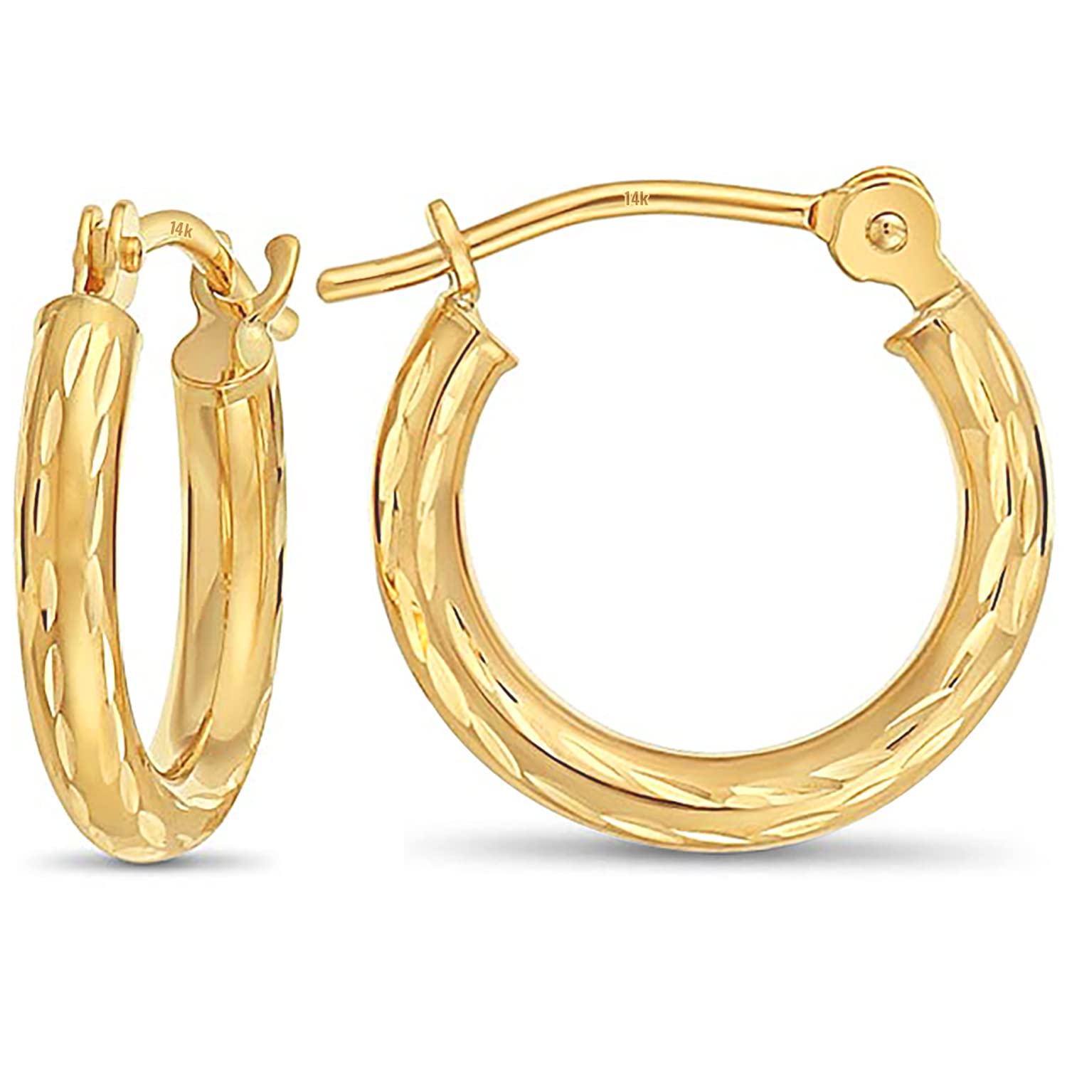 14k Gold Small Hoops Diamond-cut Engraved Hoop Earrings (Yellow Gold)