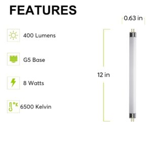 Sterl Lighting - Pack of 8 T5 Counter Lighting 11.33 inch Straight Fluorescent Tube Light Bulbs - 8 Watts - 110/130 Volts - G5 Base - 6500 Kelvin Supra Life Daylight - 400 Lumens