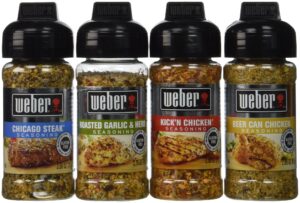 weber seasoning variety 4 flavor pack 2.5-2.75 ounce (chicago steak, roasted garlic and herb, kick'n chicken, beer can chicken)