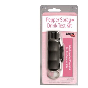 sabre red pepper spray - police strength - with durable key case, finger grip, quick release key ring, 25 bursts (up to 5x other brands), 10-foot (3m) range & booklet of 5 drink test strips