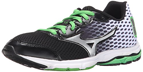 Mizuno Wave Rider 18 Junior Kids Running Shoe (Little Kid/Big Kid), Black/Classic Green, 2.5 M US Little Kid