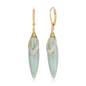 morgan & paige 18k yellow gold plated .925 sterling silver genuine green jade and 1/20 cttw diamond leaf-shaped leverback 2" dangle earrings (i-j color, i2-i3 clarity)