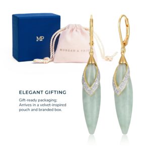 MORGAN & PAIGE 18K Yellow Gold Plated .925 Sterling Silver Genuine Green Jade and 1/20 Cttw Diamond Leaf-Shaped Leverback 2" Dangle Earrings (I-J Color, I2-I3 Clarity)