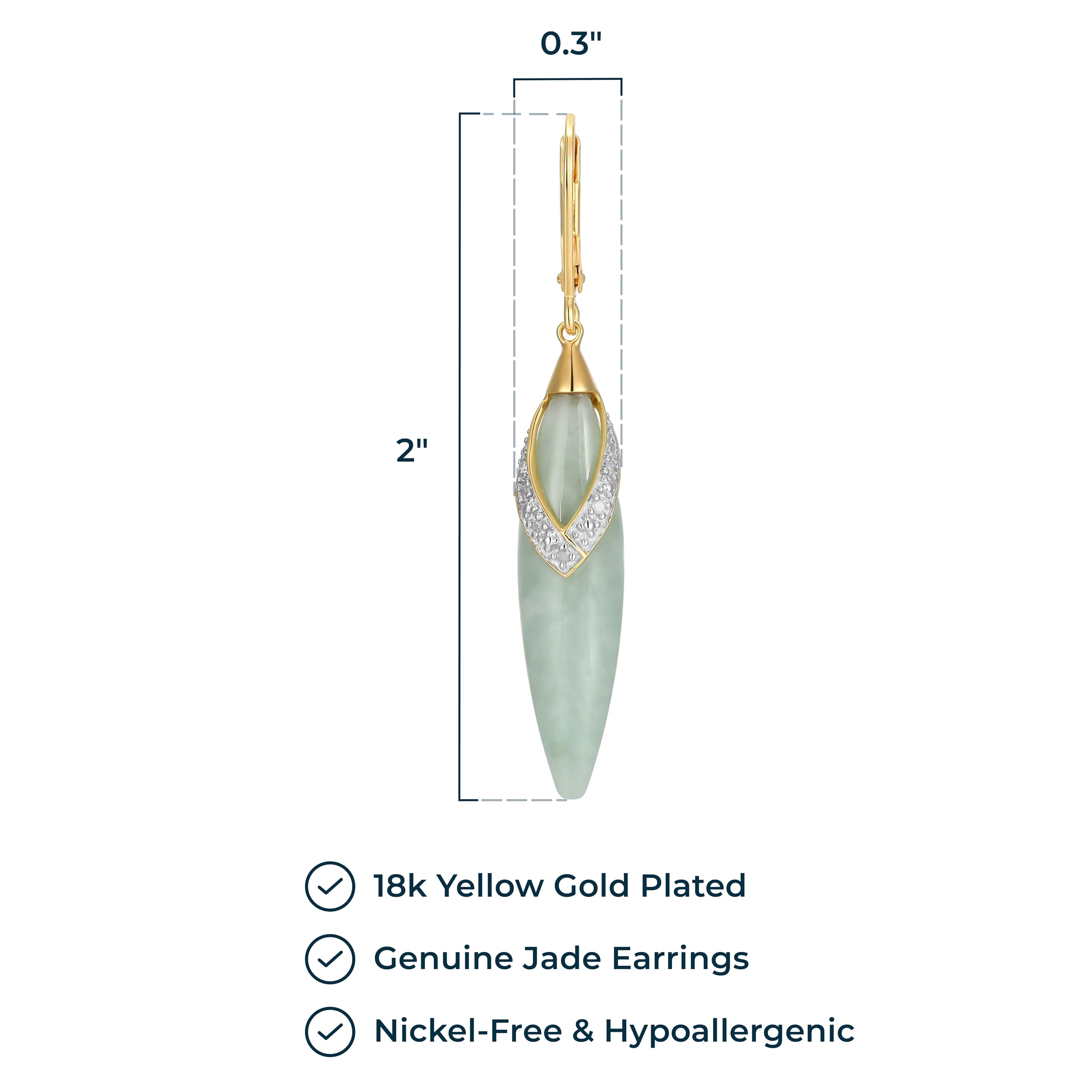 MORGAN & PAIGE 18K Yellow Gold Plated .925 Sterling Silver Genuine Green Jade and 1/20 Cttw Diamond Leaf-Shaped Leverback 2" Dangle Earrings (I-J Color, I2-I3 Clarity)