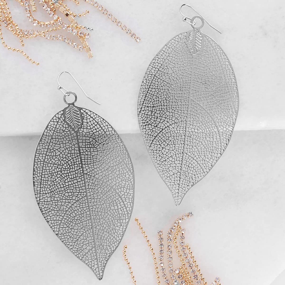 Humble Chic Big Filigree Leaf Earrings - Lightweight Cutout Oversized Drop Dangles - Long Vintage-Style Dangling Drops, 3.5" inch - Large Silver