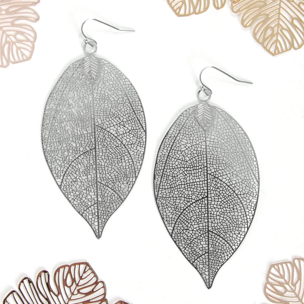 Humble Chic Big Filigree Leaf Earrings - Lightweight Cutout Oversized Drop Dangles - Long Vintage-Style Dangling Drops, 3.5" inch - Large Silver