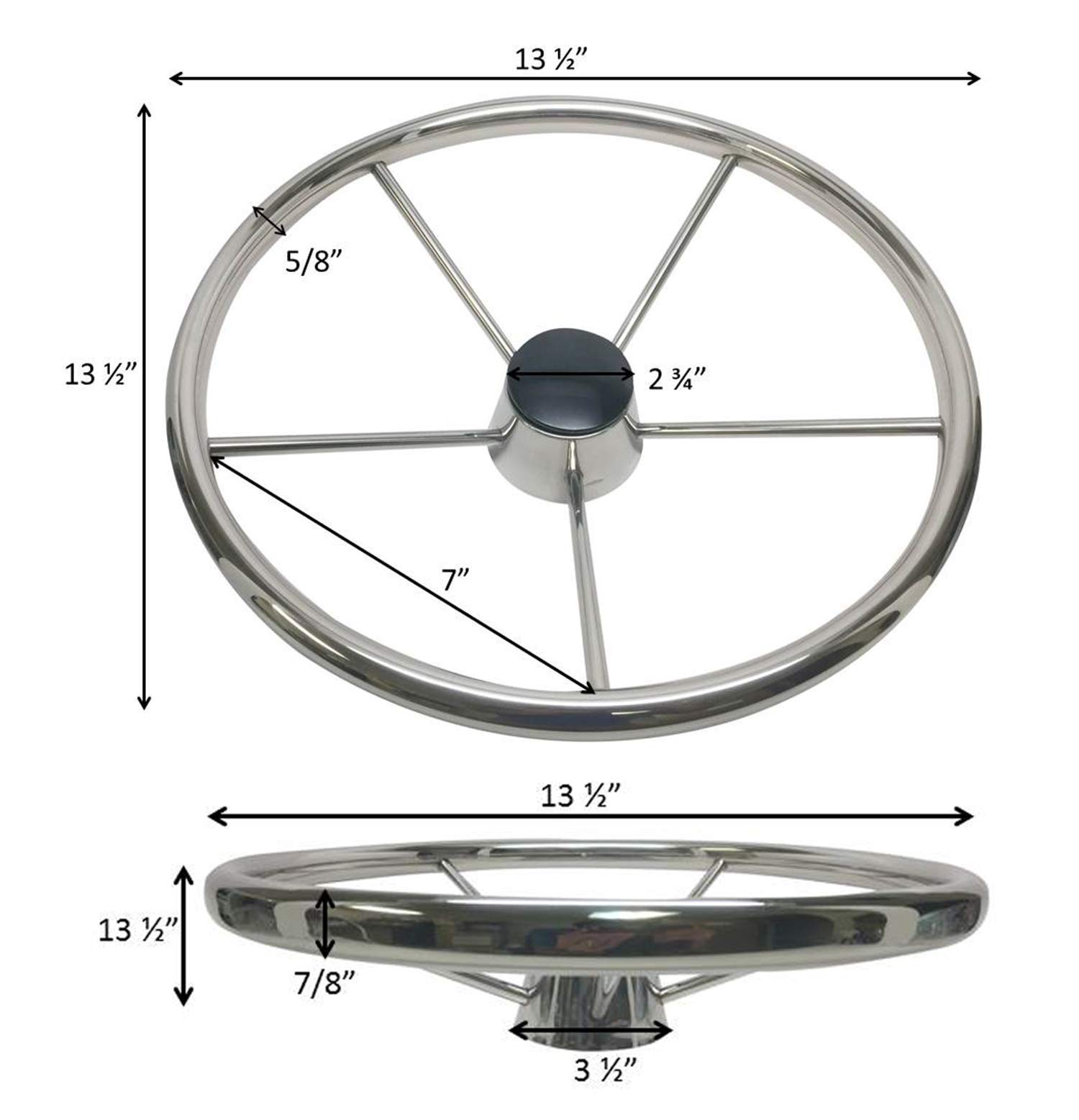 Pactrade Marine 13 1/2" Destroyer SS304 Steering Wheel 5 Spoke Plastic Black Cap