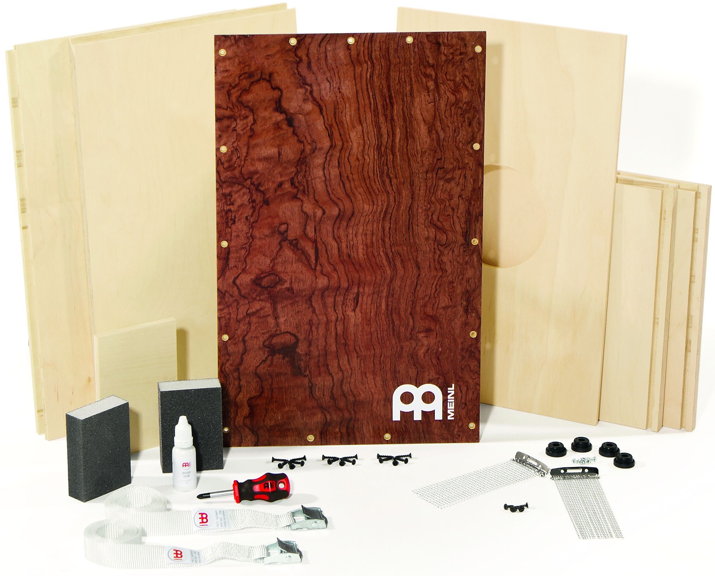 Meinl Deluxe Make Your Own Snare Cajon Kit with Tool Box - MADE IN EUROPE - Burl Wood Frontplate / Baltic Birch Body, Includes Easy to Follow Manual, 2-YEAR WARRANTY (DMYO-CAJ-BU)